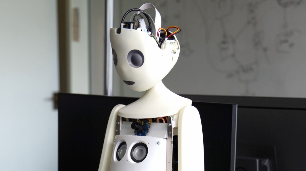 Sozialer Roboter sucht mit seinen großen Augen Blickkontakt